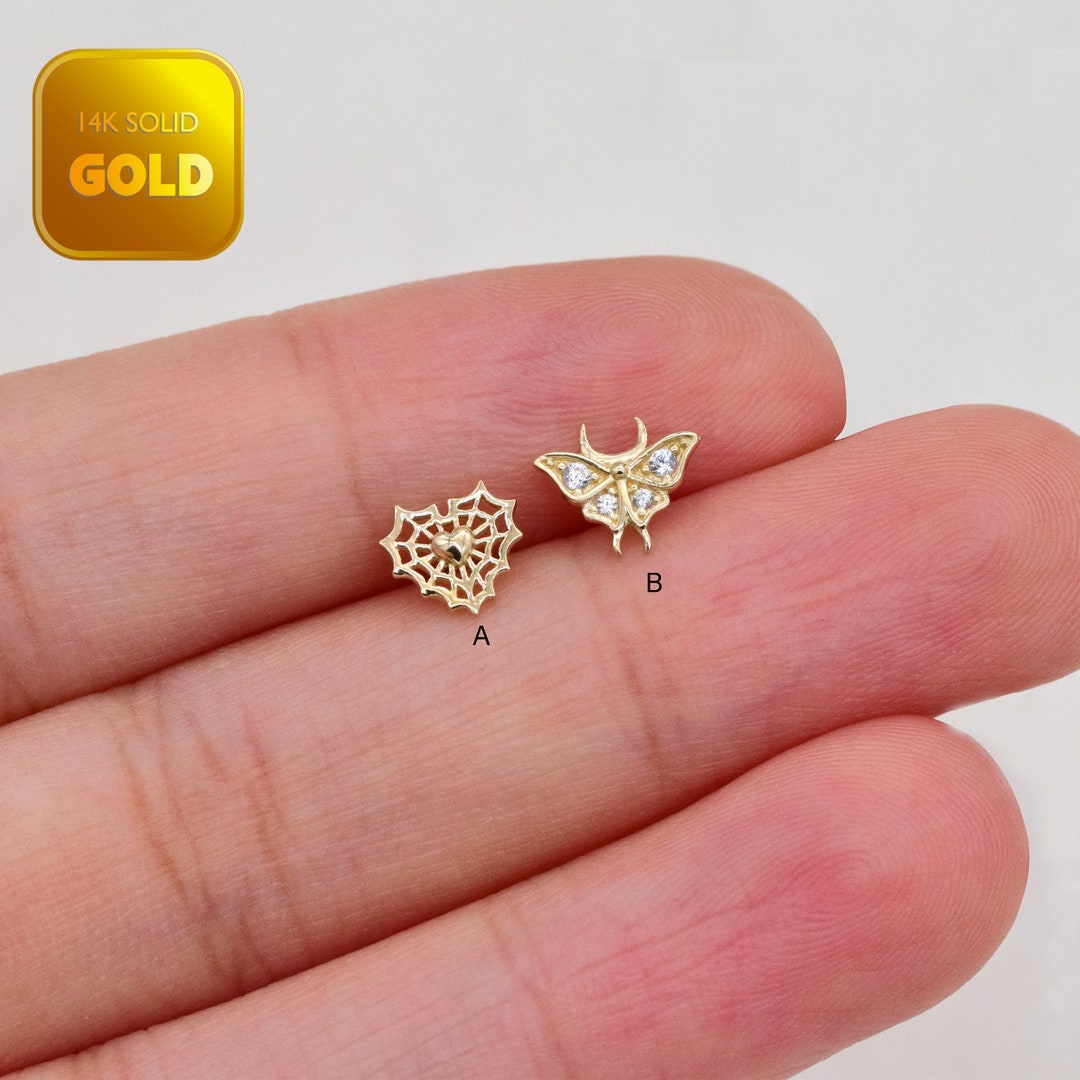 14K Solid Gold Butterfly Cartilage Stud Earring Gold Heart Spider Web Piercing Heart Helix Stud ...