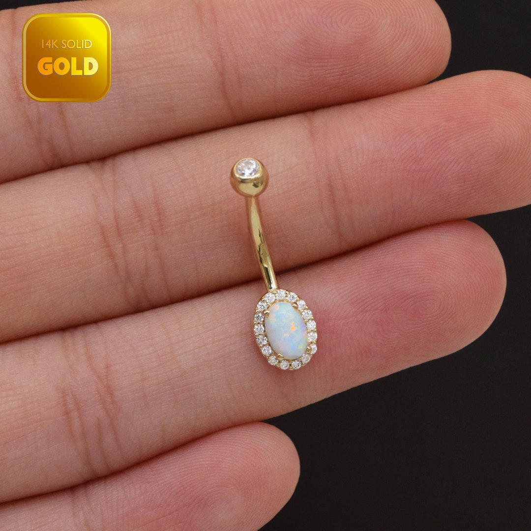 14k Solid Gold Oval Opal Belly Button Ring Opal Navel Piercing Classic ...