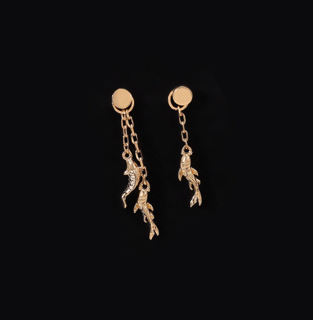 14k Solid Gold Koi Fish Dangle Charm Koi Fish Double Chain Charm Tiny ...