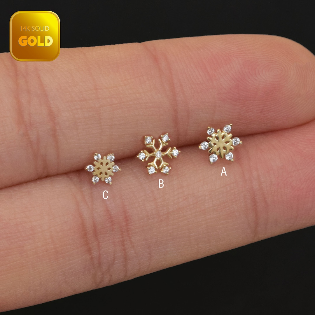 14k Solid Gold Snowflake Dainty Cartilage Stud Tiny Tragus Helix ...