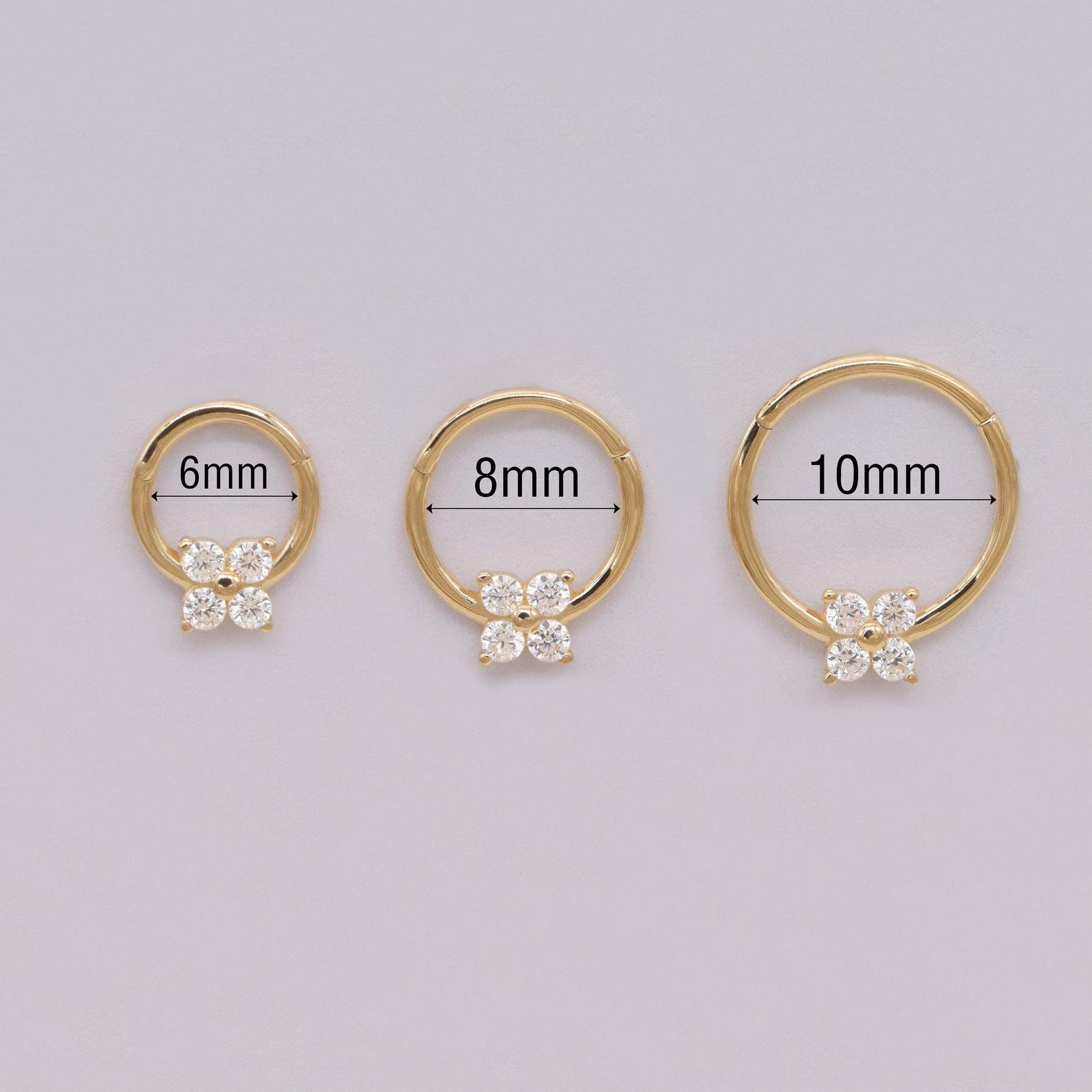 14k Solid Gold Cartilage Flower Hoop Clicker Four Diamond Clicker ...