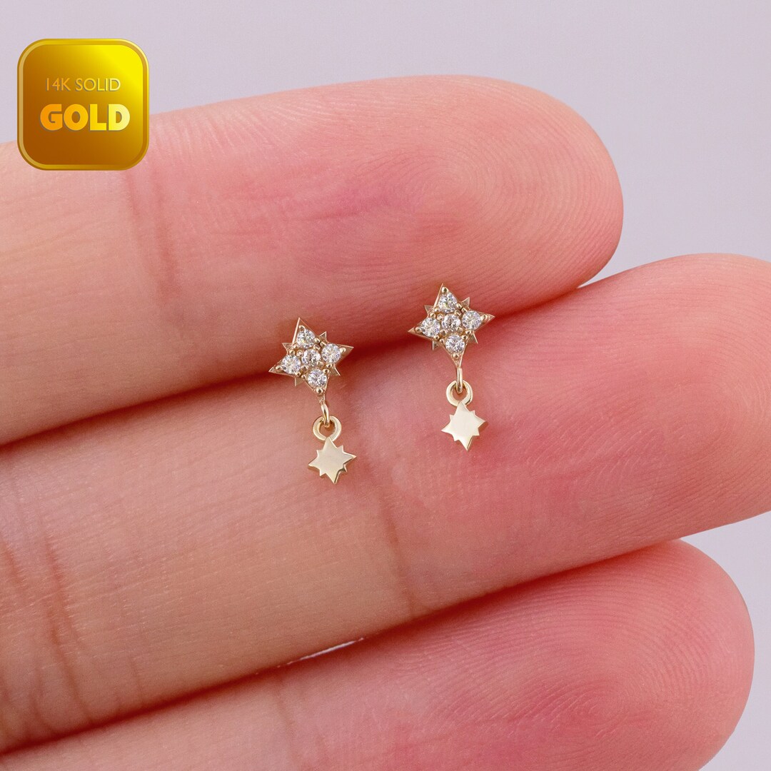 14K Solid Gold Star Dangle Cartilage Earring Tiny Star Stud Push Pin Labret Stud Star Helix Stud ...