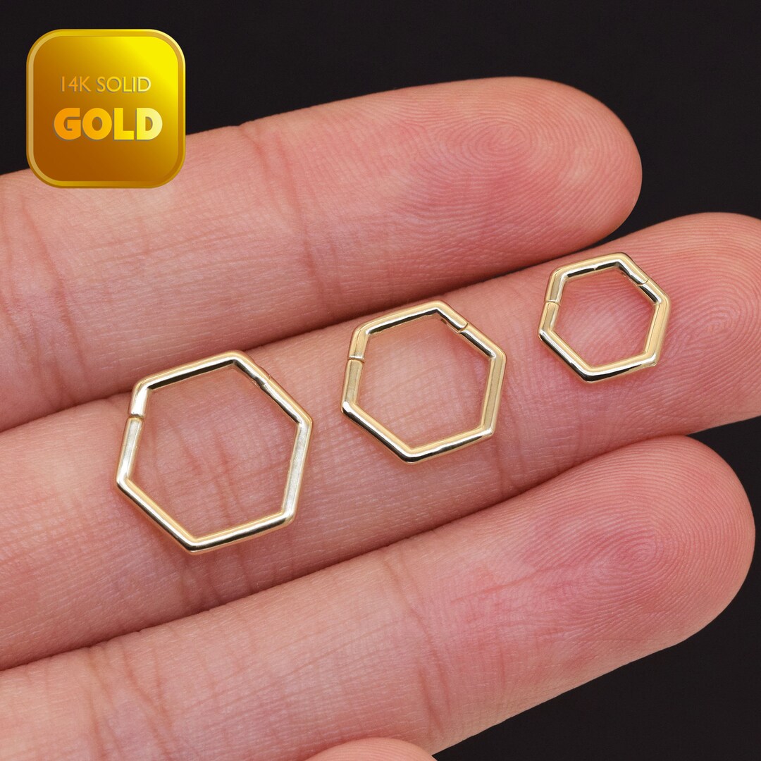 14k Solid Gold Hexagon Septum Hoops Ring Geometric Hoop Earrings Gold ...