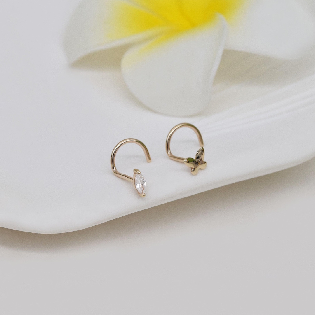 14k Solid Gold Butterfly Nose Ring Marquise Nose Stud Tiny Butterfly ...