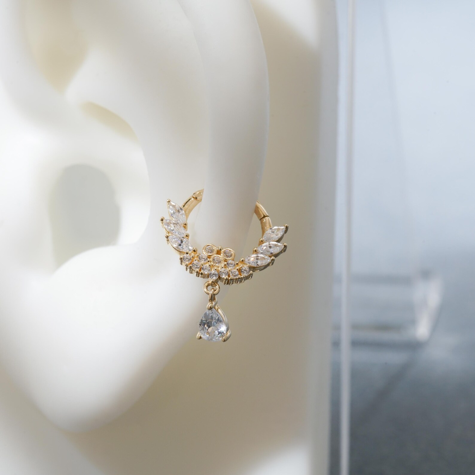 14K Solid Gold Teardrop Dangle Septum Nose Ring Gold Wing Hinged Hoop ...
