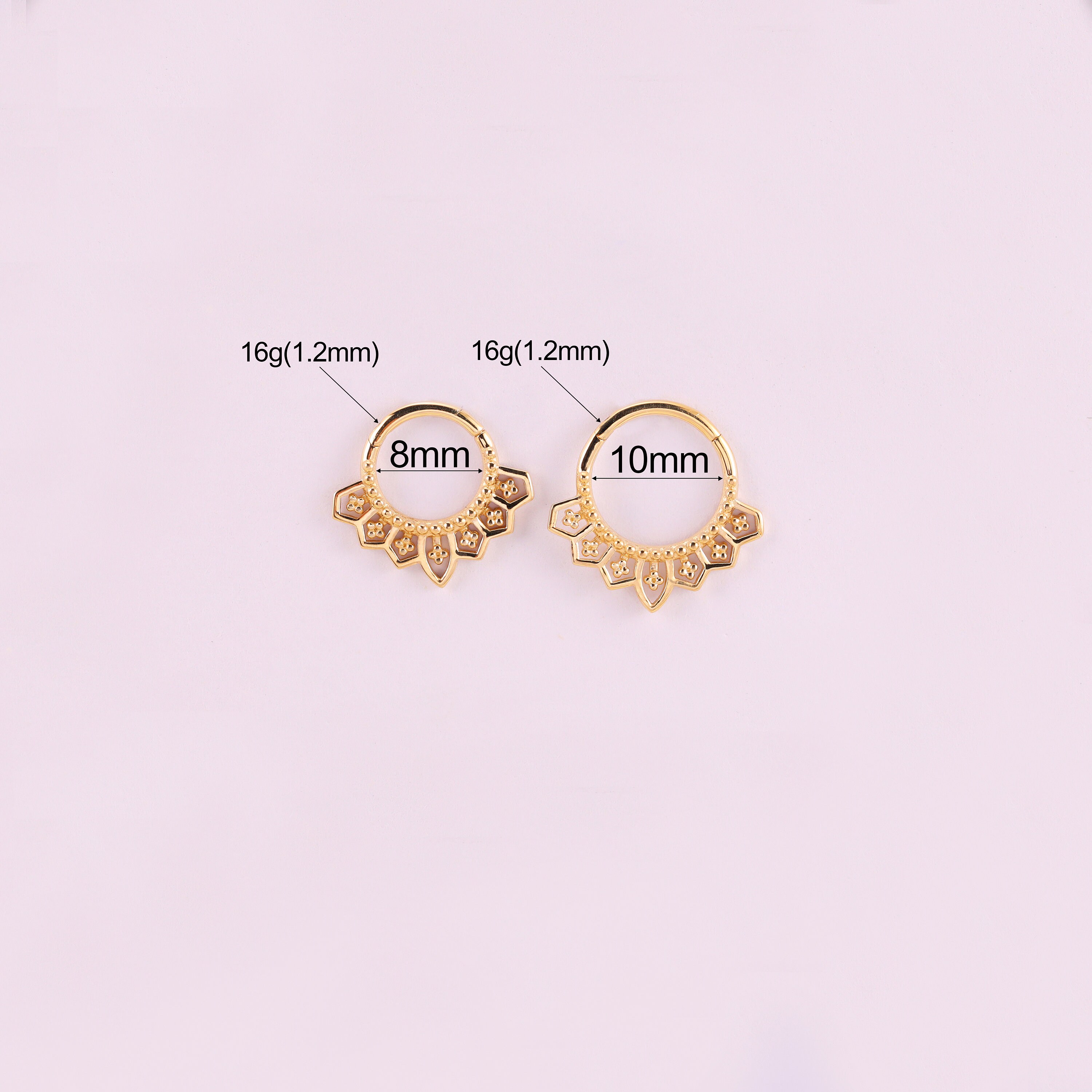 14k Solid Gold Royal Floral Seamless Clicker, Gold Septum Ring, Flower ...
