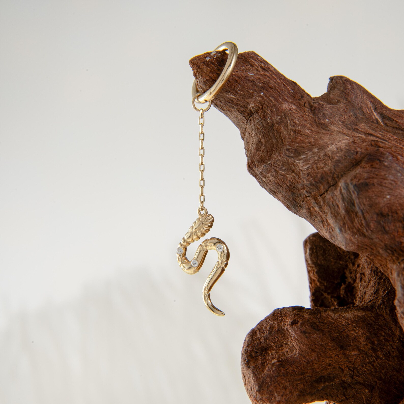 14k Solid Gold Dangle Snake Charm Drop Chain Helix Hoop Charm Textured ...