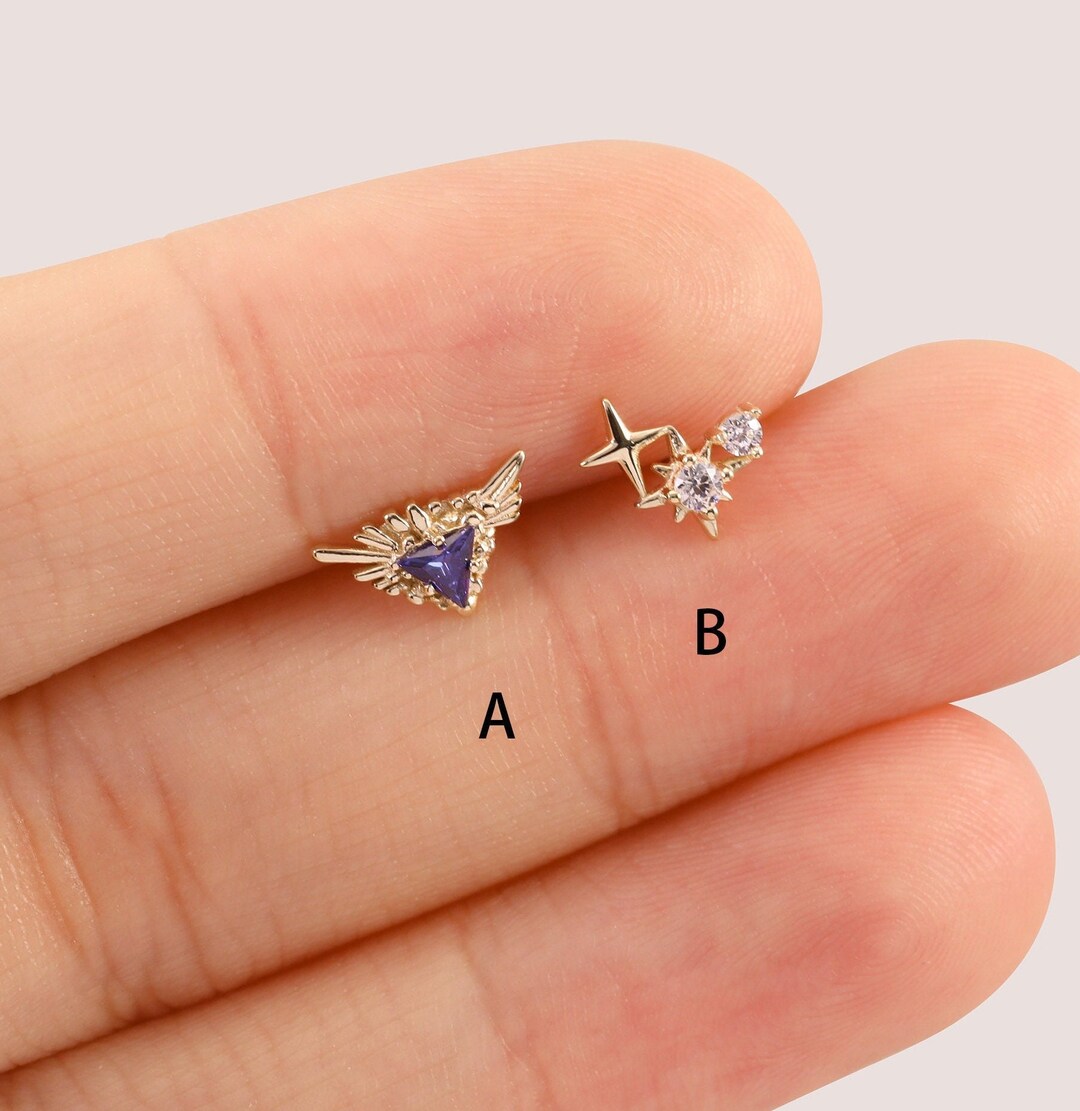 14k Solid Gold Sparkling Celestial Stars Stud Earring Dainty Triangle Blue Wings Helix Stud ...