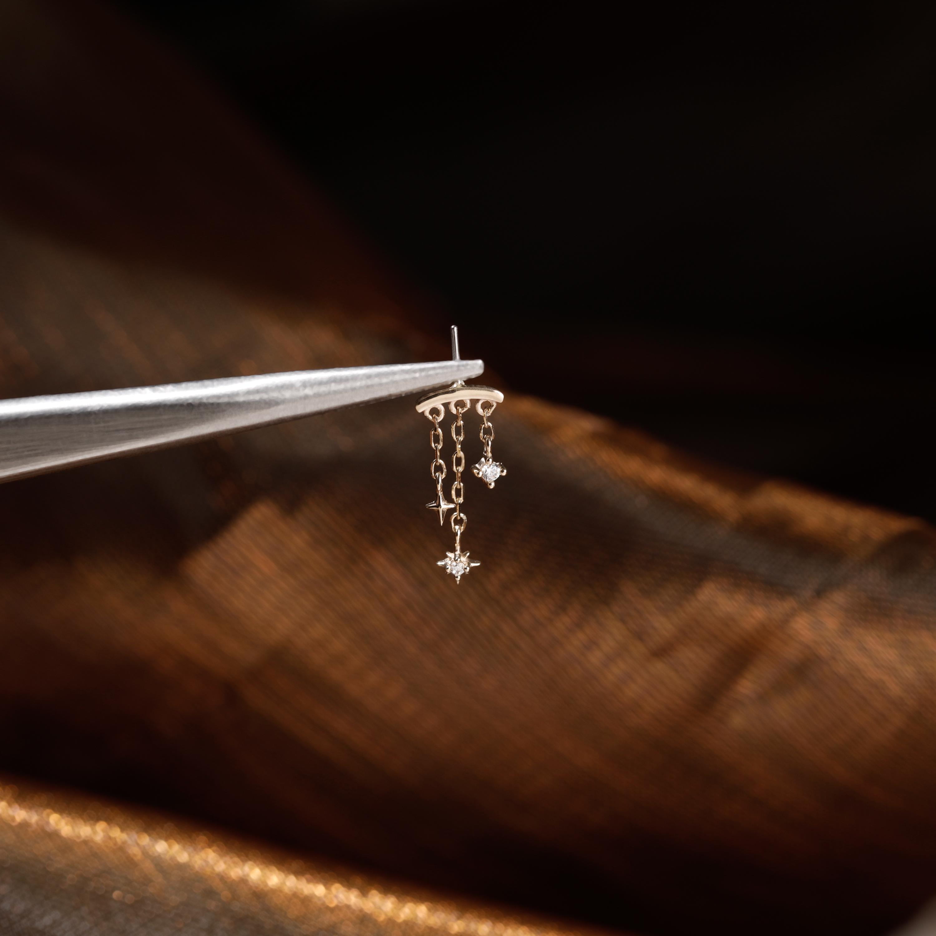 14k Solid Gold Vertical Helix Star Cluster Earring Dainty Dangle ...