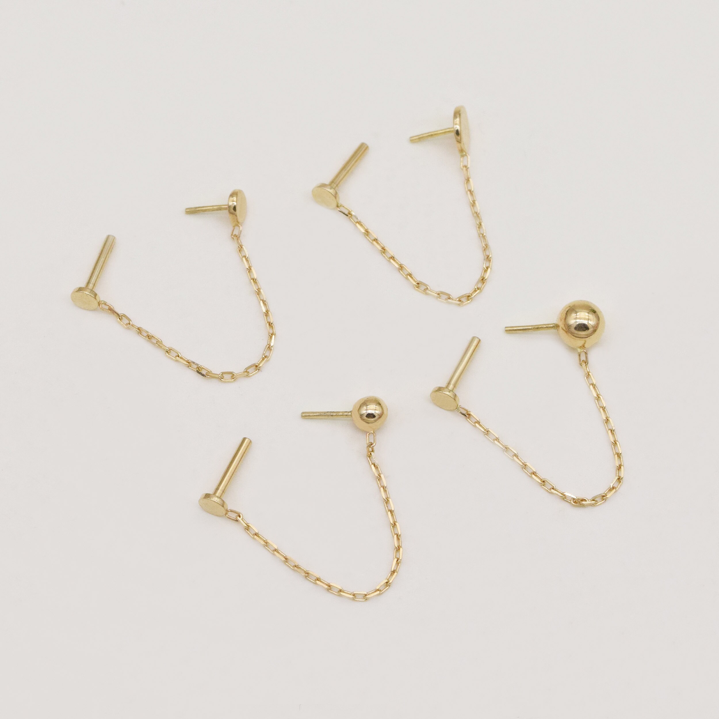 14k Solid Gold Chain Stud Earring Tiny Dot Earring Tiny Circle Chain ...