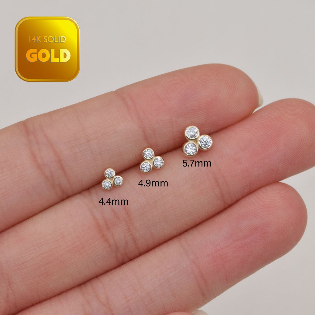 14k Solid Gold Three Stone Stud Earring Diamond Bezel Set Piercing ...