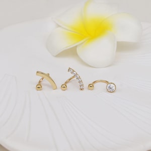 14k Solid Gold U Shape Double Hole Screw Ball Ear Piercing Open Huggie Earring Tragus Helix ...