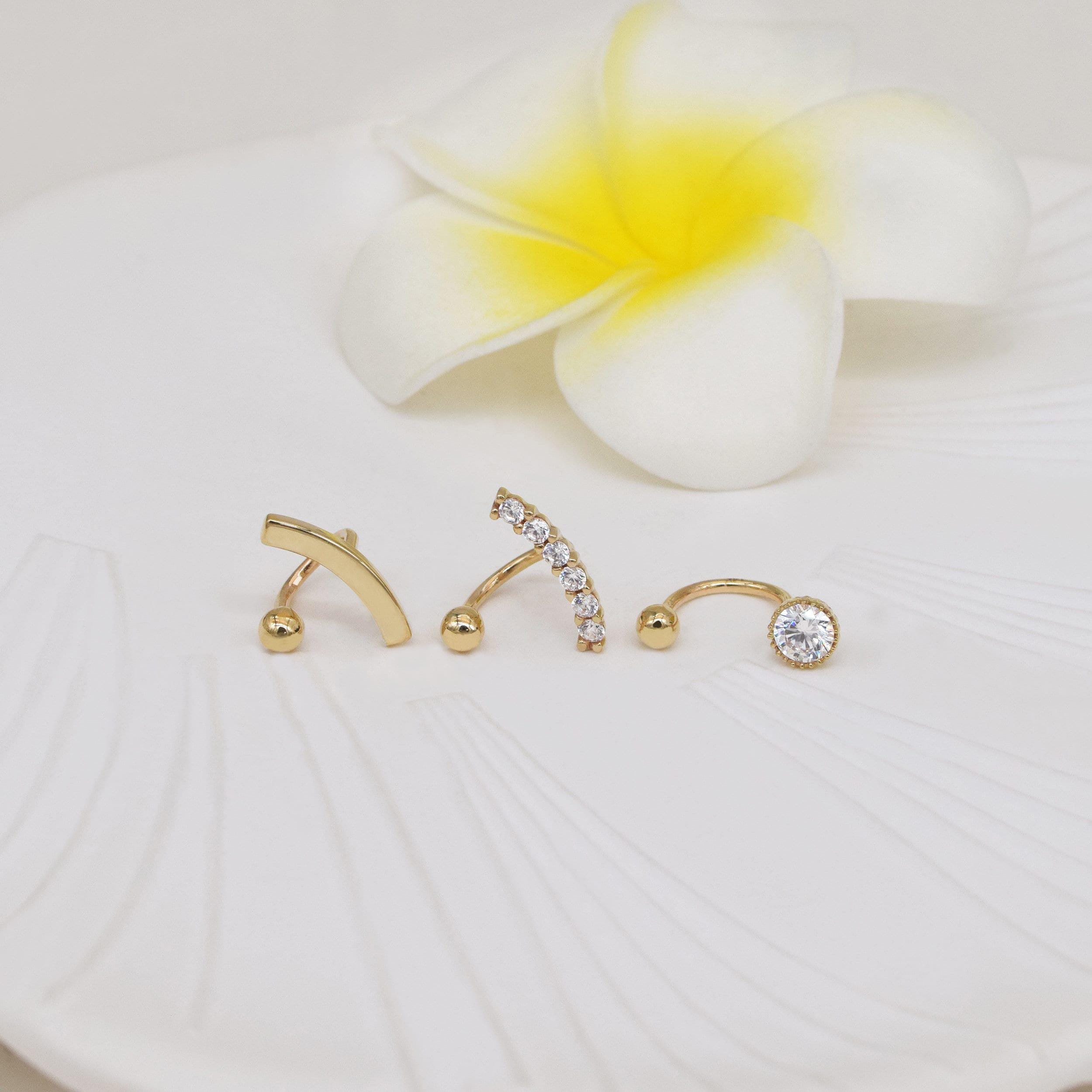 14k Solid Gold U Shape Double Hole Screw Ball Ear Piercing Open Huggie ...