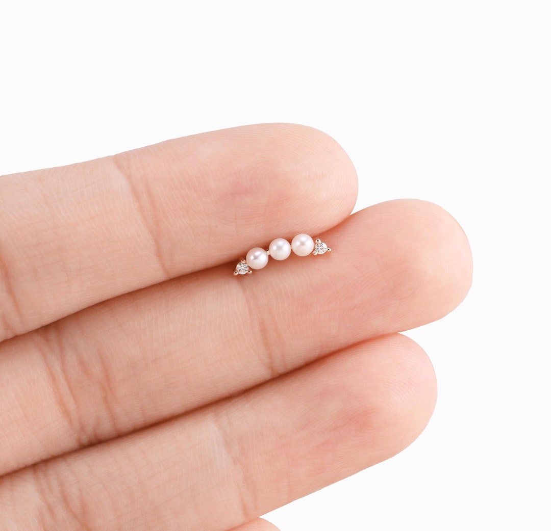 14k Solid Gold Pearl Climber Stud Earring Exquisite Pearl Earring Helix ...
