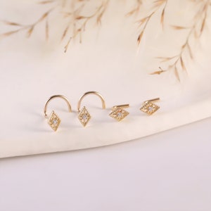 14k Solid Gold Rhombus L-shape Nose Stud Dainty S-shape Nose Piercing ...