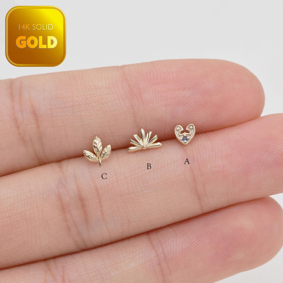 14k Solid Gold Leaf Cartilage Stud Earring Dainty Heart Conch Earring ...