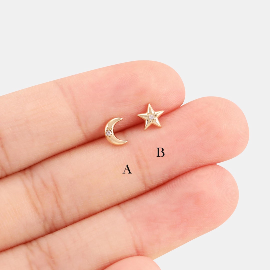 14k Solid Gold Crescent Stud Earring Moon Star Cartilage Earring Tragus Conch Stud Helix ...