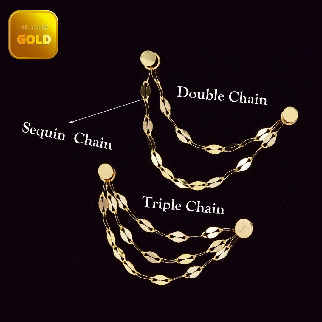14K Solid Gold Sparkly Double Sequin Double Chain Attachment Triple ...