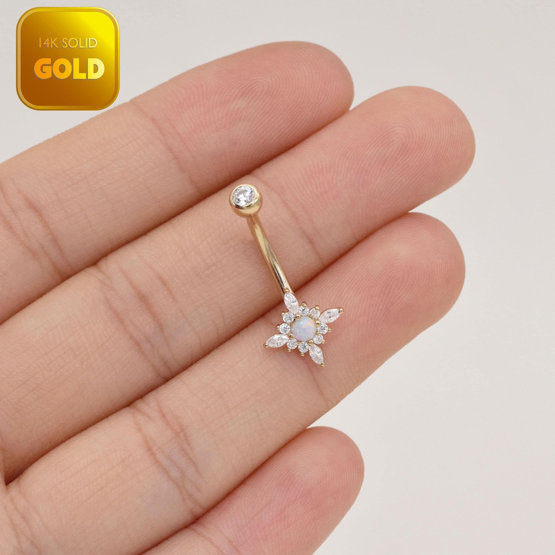 14k Solid Gold Flower Opal Belly Button Ring Dainty Opal Navel Piercing ...
