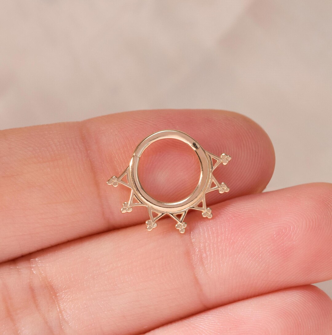 14k Solid Gold Sunburst Septum Ring Dainty Floral Daith Hoop Gold Conch ...