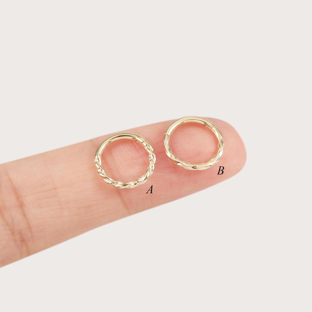 14k Solid Gold Clicker Hoop Twisted Rope & Hammered Texture Ring for ...