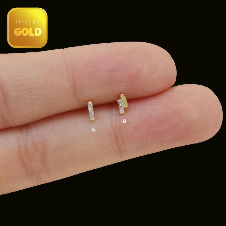 14k Solid Gold Curve Bar Stud Earring Cartilage Rectangle - Etsy