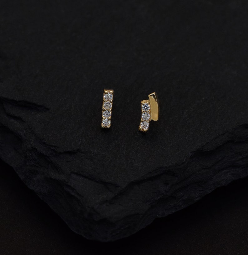 14k Solid Gold Curve Bar Stud Earring Cartilage Rectangle - Etsy