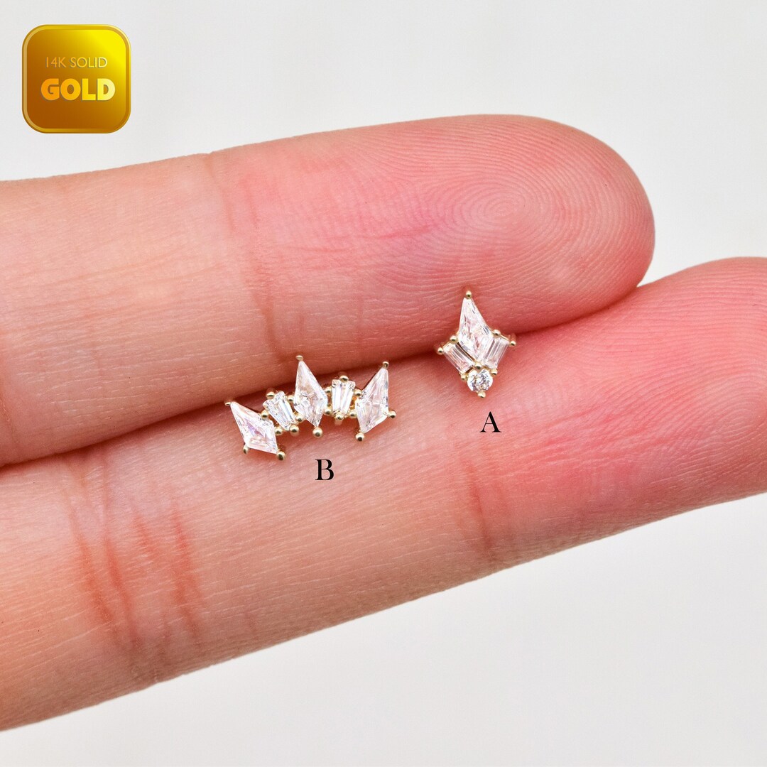 14k Solid Gold Rhombus Climber Cartilage Earring Dainty Baguette Stud ...