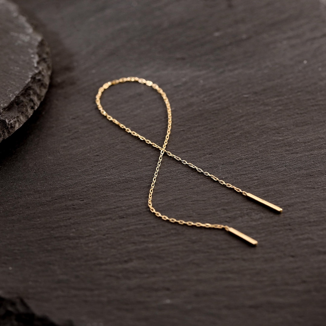 14K Solid Gold Bar & Chain Threader Earring Thread Through Earring ...