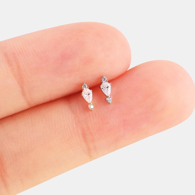 14k Solid Gold Trophies Stud Earring White Gold Pear Cartilage Earring ...
