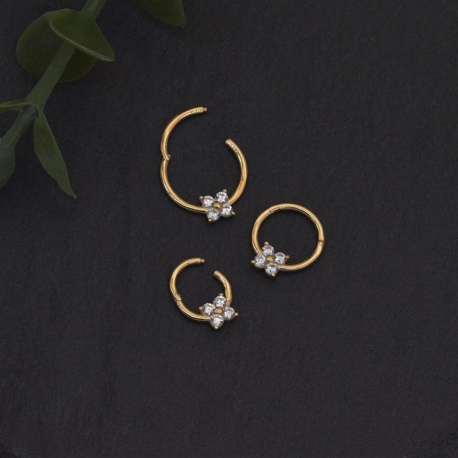 14k Solid Gold Cartilage Flower Hoop Clicker Four Diamond Clicker ...
