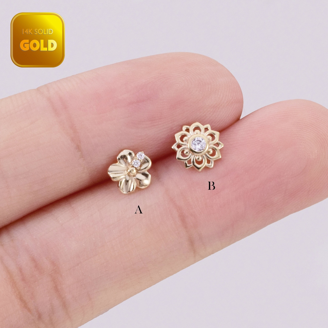 14k Solid Gold Flower Cartilage Earring Floral Tragus Earring Gold Helix Stud Conch Earring Lobe ...
