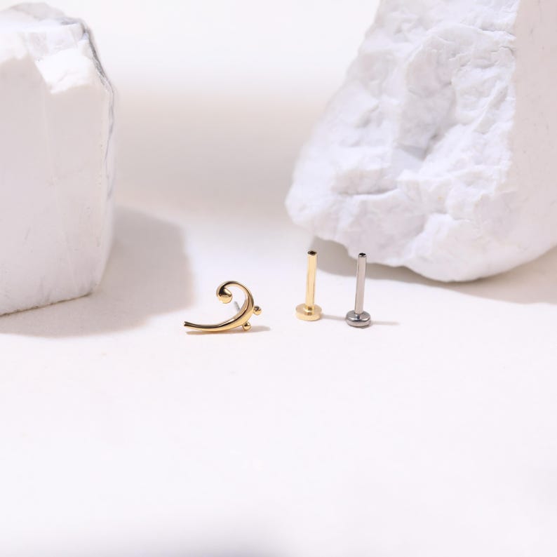 14K Gold Rolling Wave Stud Earring Tiny Note Cartilage Studs Cute Helix ...