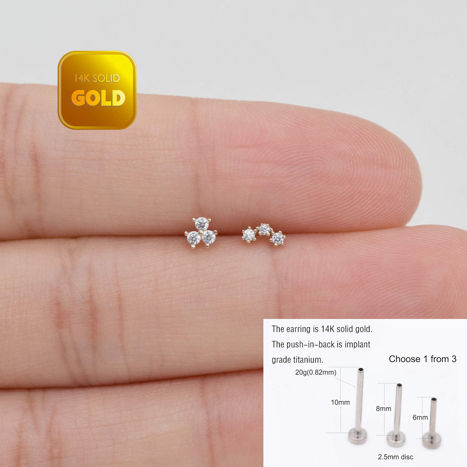 14k Solid Gold Three Stone Cartilage Piercing Dainty Stud - Etsy