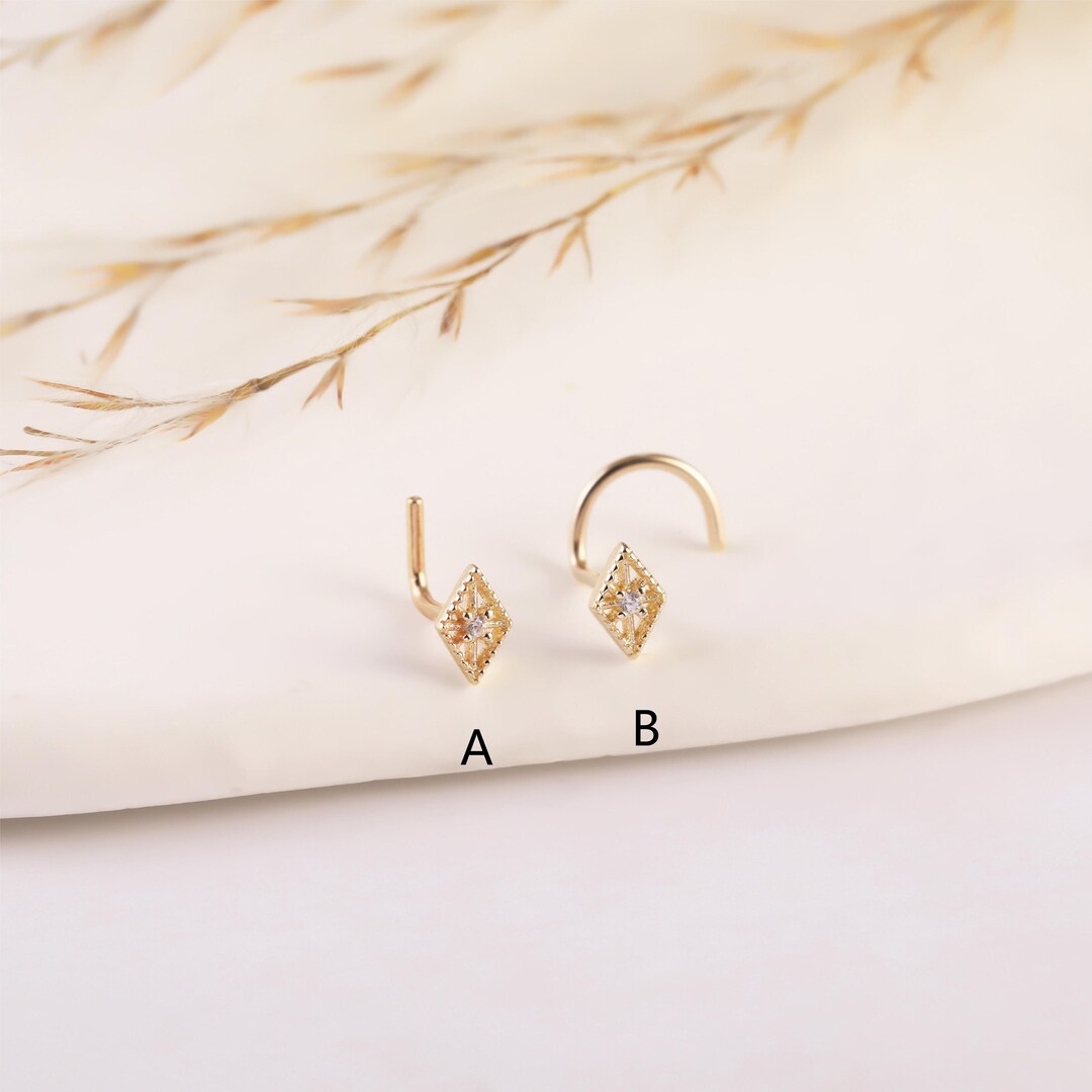 14k Solid Gold Rhombus L-shape Nose Stud Dainty S-shape Nose Piercing ...
