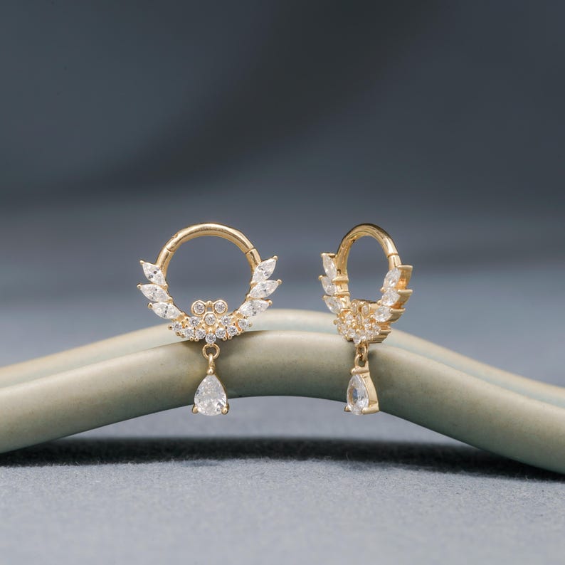 14K Solid Gold Teardrop Dangle Septum Nose Ring Gold Wing Hinged Hoop ...