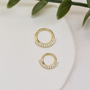 14k Solid Gold Hinged Segment Hoop Rings Forward Facing Double Lined CZ ...