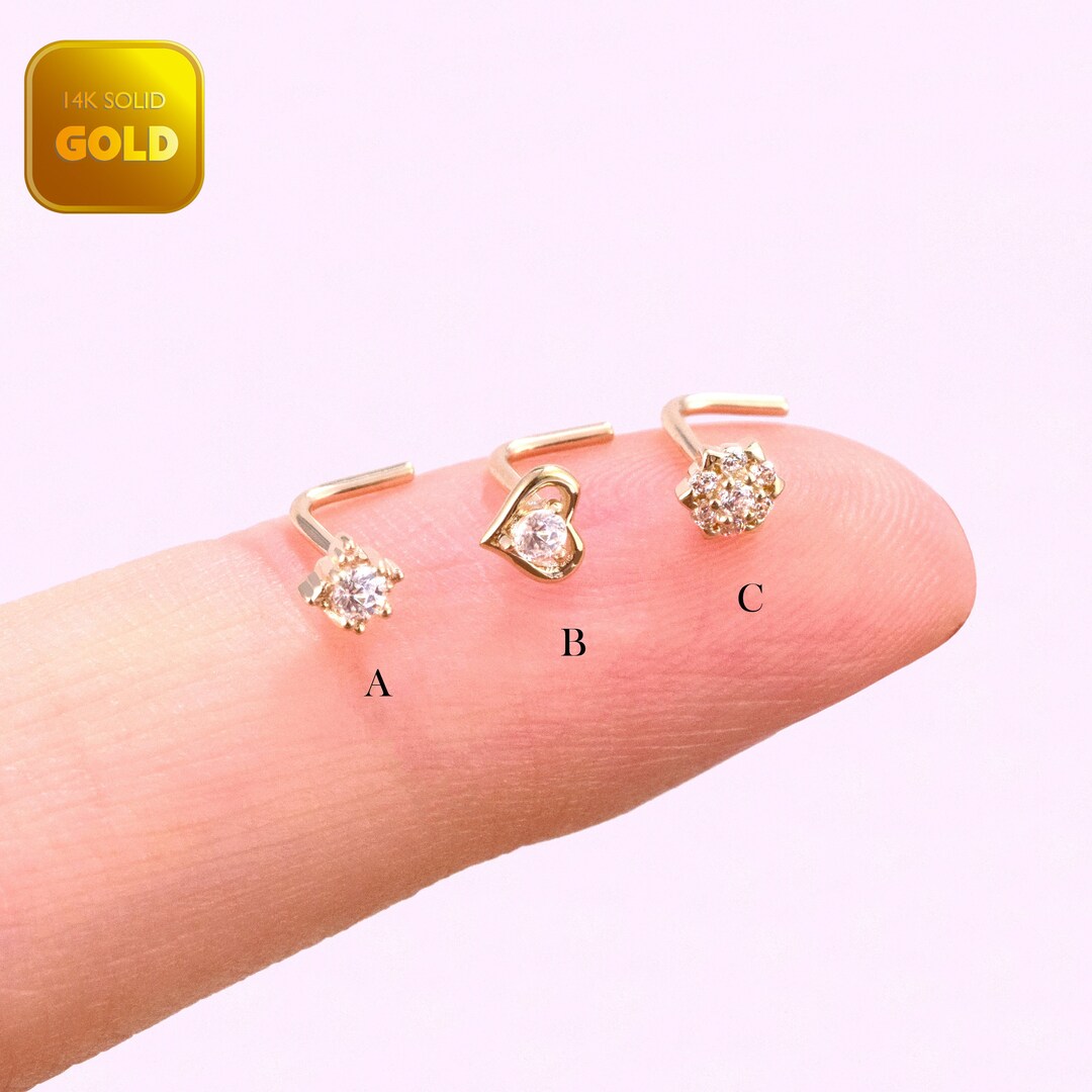 14k Solid Gold Flower L-shaped Nose Studs Tiny Star Nose Stud Ring ...