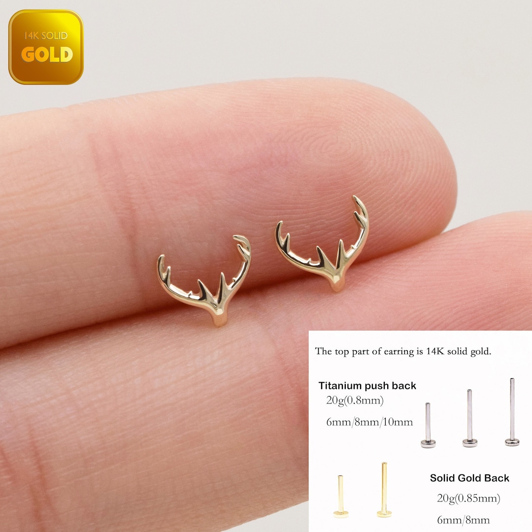 14k Solid Gold Antler Stud Earring Deer Horn Earrings Gold Cartilage ...