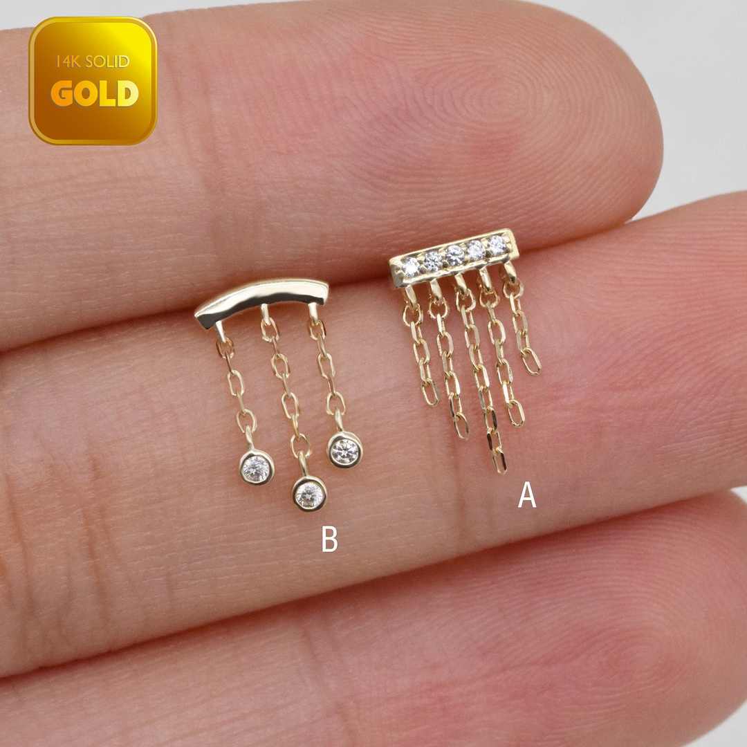 14k Solid Gold Bar Drape Chain Earring Cartilage Chain Piercing Helix ...