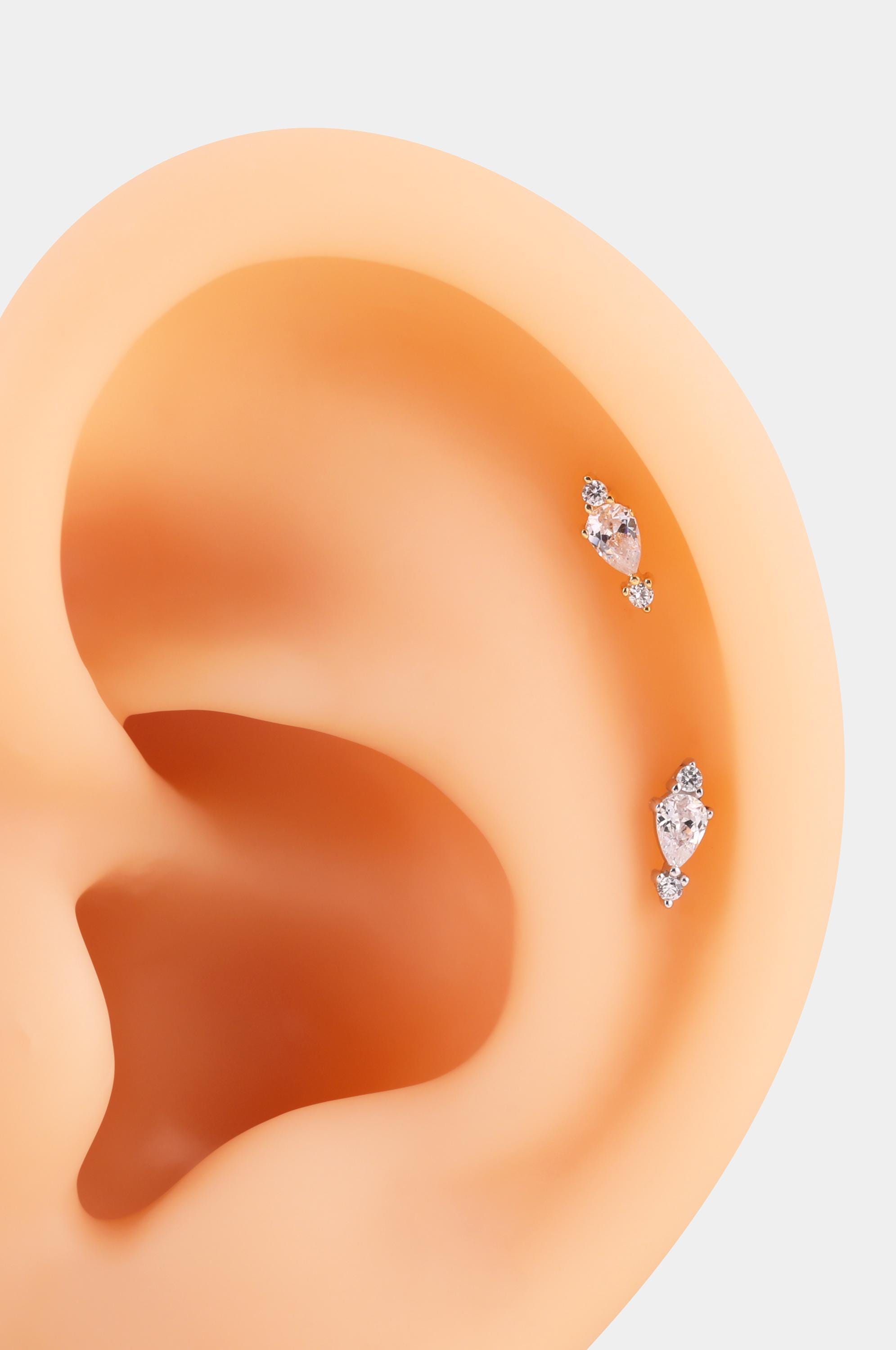 14k Solid Gold Trophies Stud Earring White Gold Pear Cartilage Earring ...