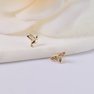 14k Solid Gold Honey Bee Stud Earring Hummingbird Cute Animal Cartilage Earring Helix Stud Conch ...