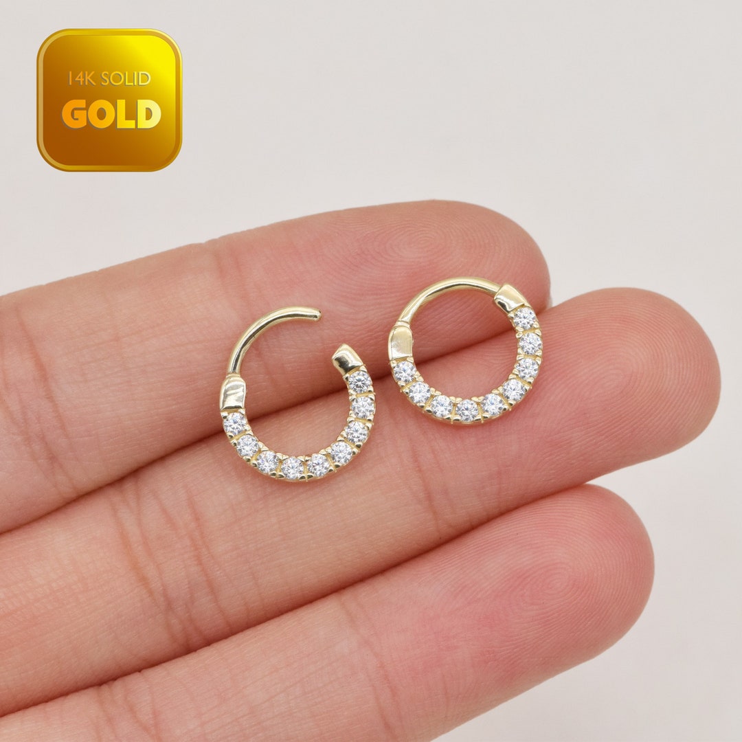 14k Solid Gold Cartilage Hoop Earring Diamond Clicker Piercing - Etsy