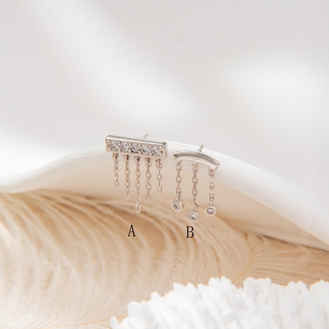 14k Solid White Gold Bar Drape Chain Earring Cartilage Chain Piercing ...