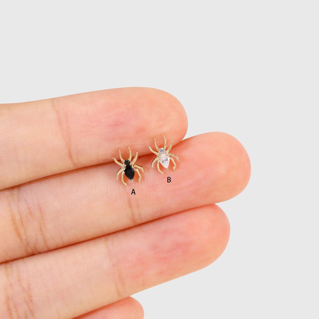 14K Solid Gold Dainty Spider Stud Earrings Tiny Cute Animal Cartilage ...
