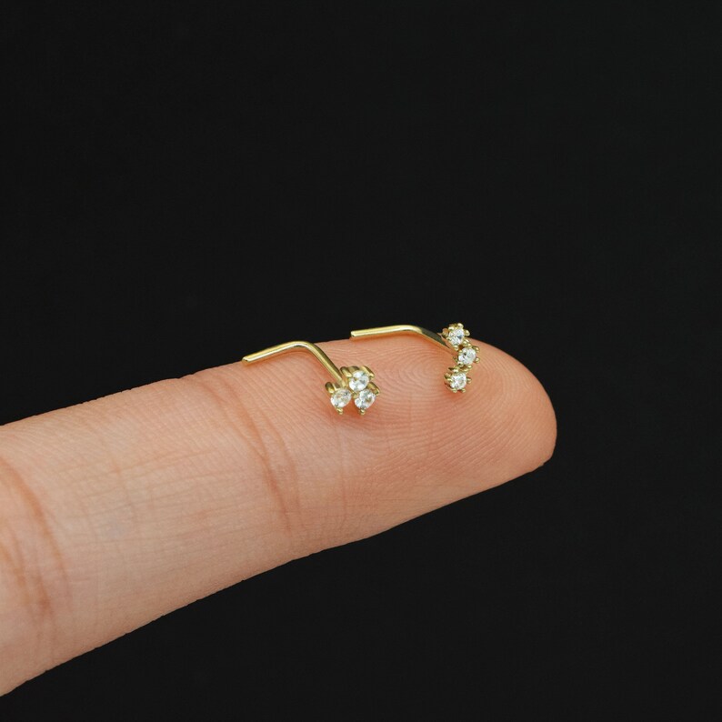 14k Solid Gold Three Stone Nose Stud L-shape Nose Stud - Etsy