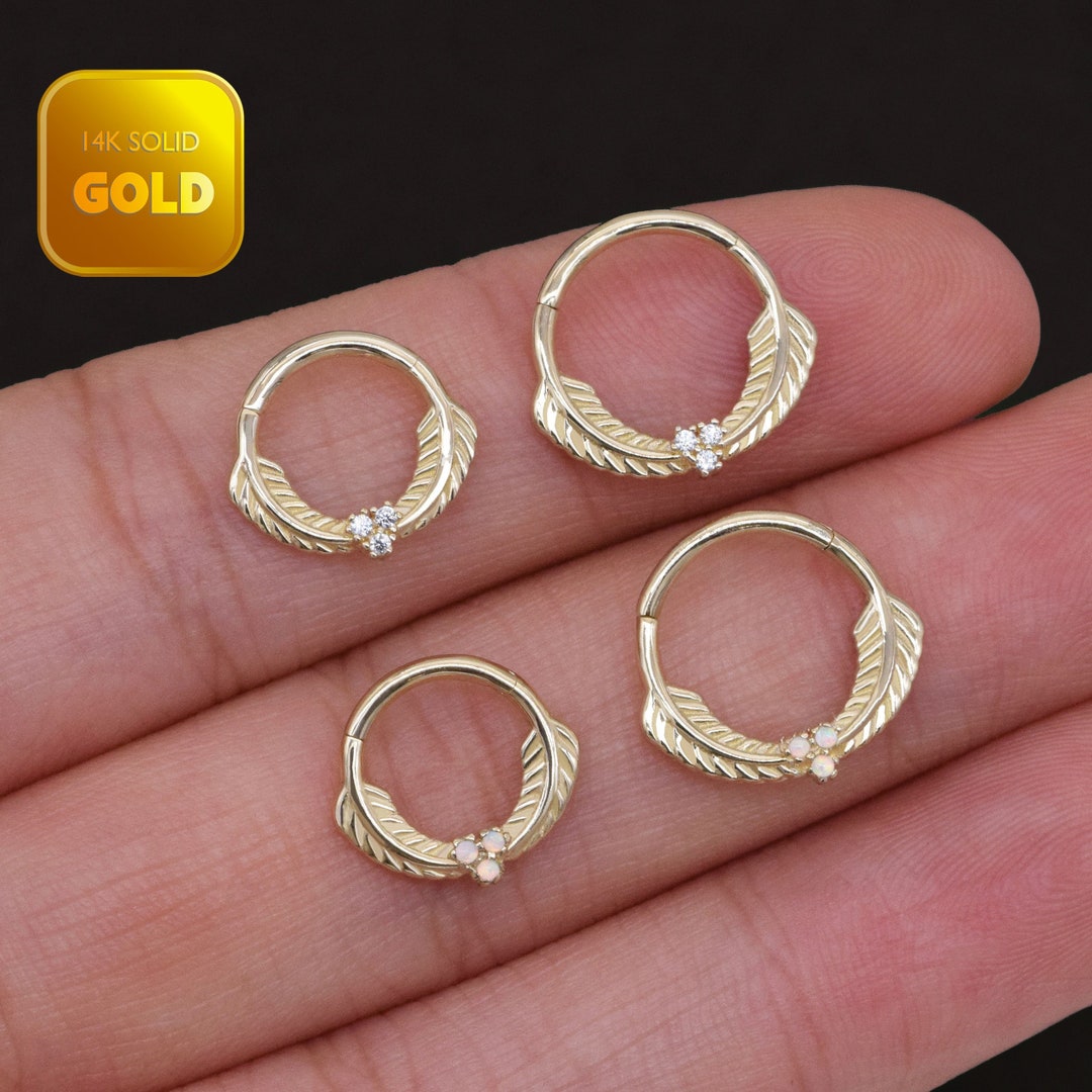 14k Solid Gold Cartilage Hoop Leaf Design Opal Clicker Piercing Diamond ...