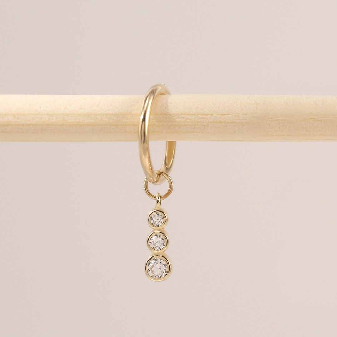 14k Solid Gold Triple Breaded Hoop Charm Shiny Dangle Bezel Setting ...