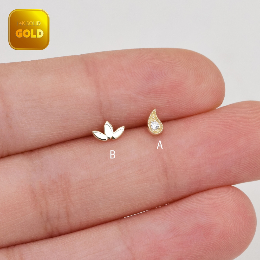 14K Solid Gold Tiny Lotus Stud Earring Raindrop Minimalist Cartilage Stud Helix Stud Conch ...