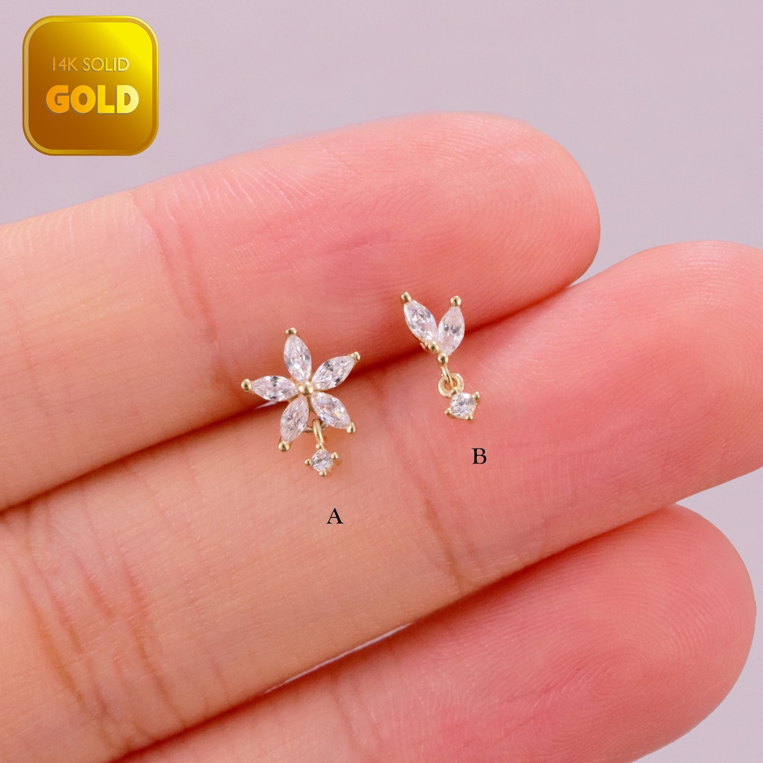 14k Solid Gold Flower Dangle Cartilage Piercing Helix Drop Dangle ...